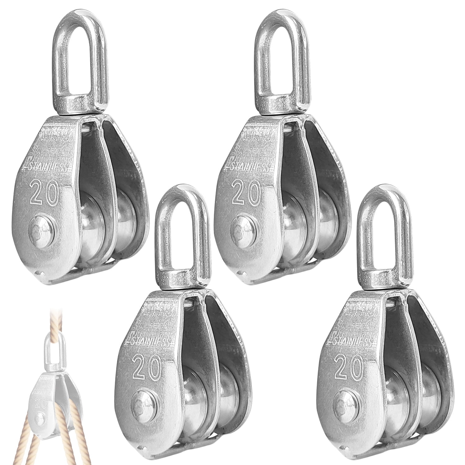 QIPUNEKY 4 Pack M20 Double Pulley, Stainless Steel 304 Pulley for Ropes ...