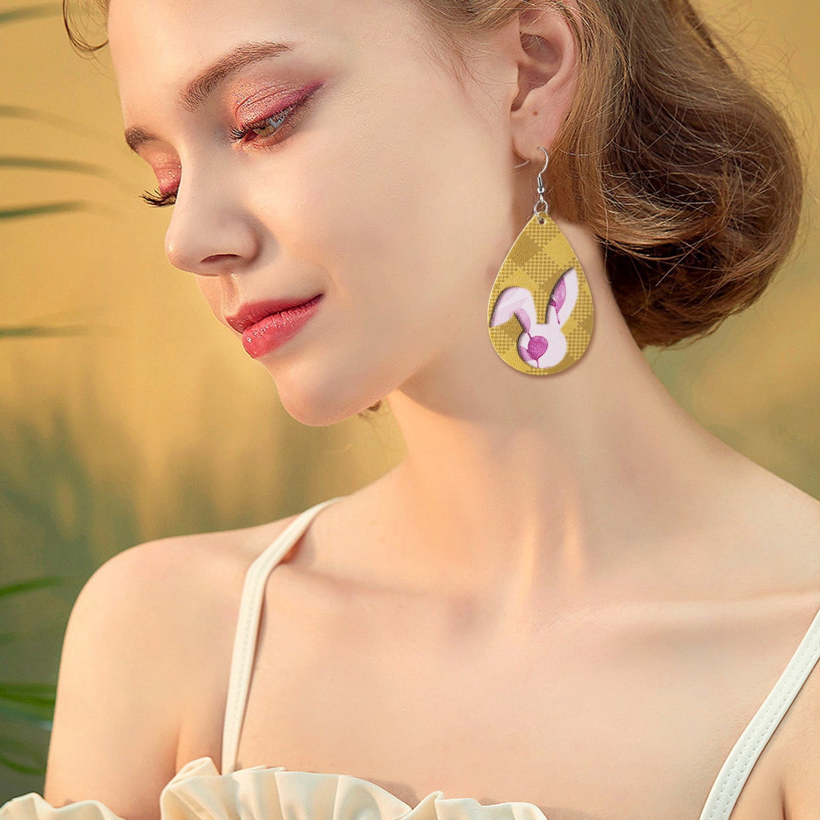 QIQUWOHUL Easter Bunny Earrings Printed Plaid Double Sided PU Leather ...