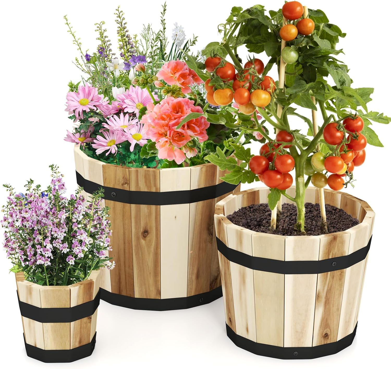 QISHENSHUI Wooden Plant Pots – 3 Solid Acacia Wood Whiskey Barrel ...