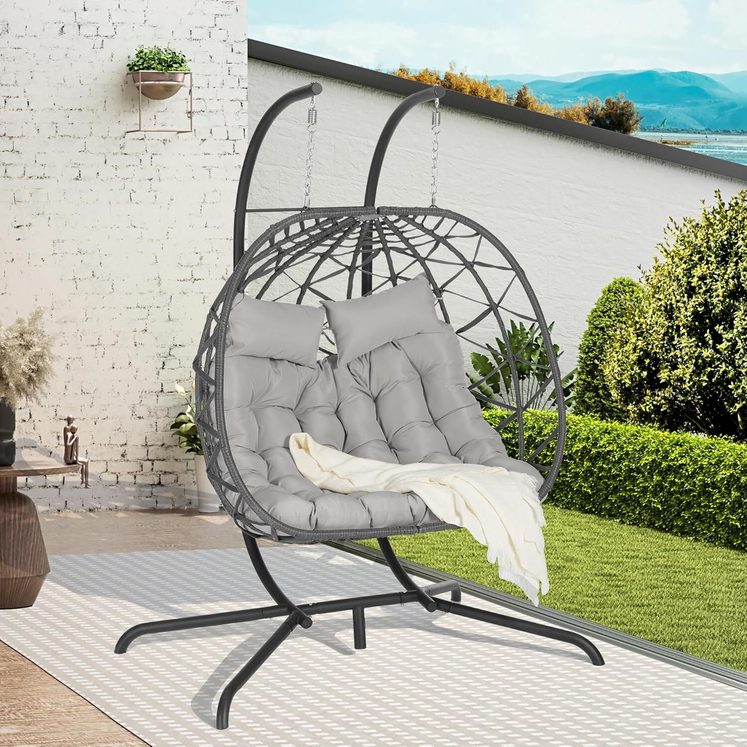 QISHIERDISHA Outdoor Egg Swing Chair with Stand, 2 Person Patio Swing ...