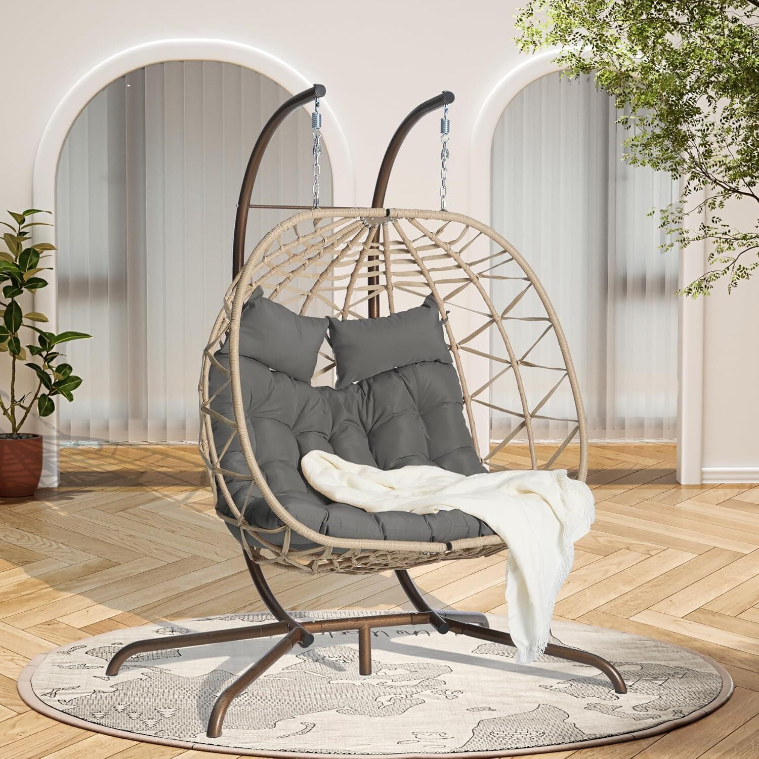 QISHIERDISHA Outdoor Egg Swing Chair with Stand, 2 Person Patio Swing ...