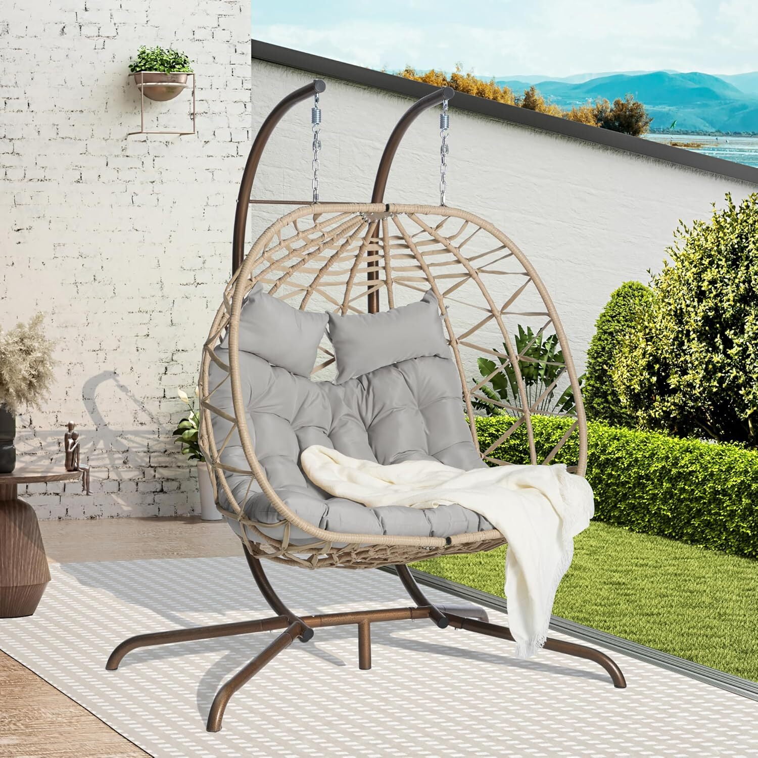 QISHIERDISHA Outdoor Egg Swing Chair with Stand, 2 Person Patio Swing ...