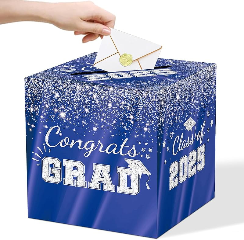 QISOLIY Blue Silver Graduation Card Box, 2025 Glitter Congrats ...