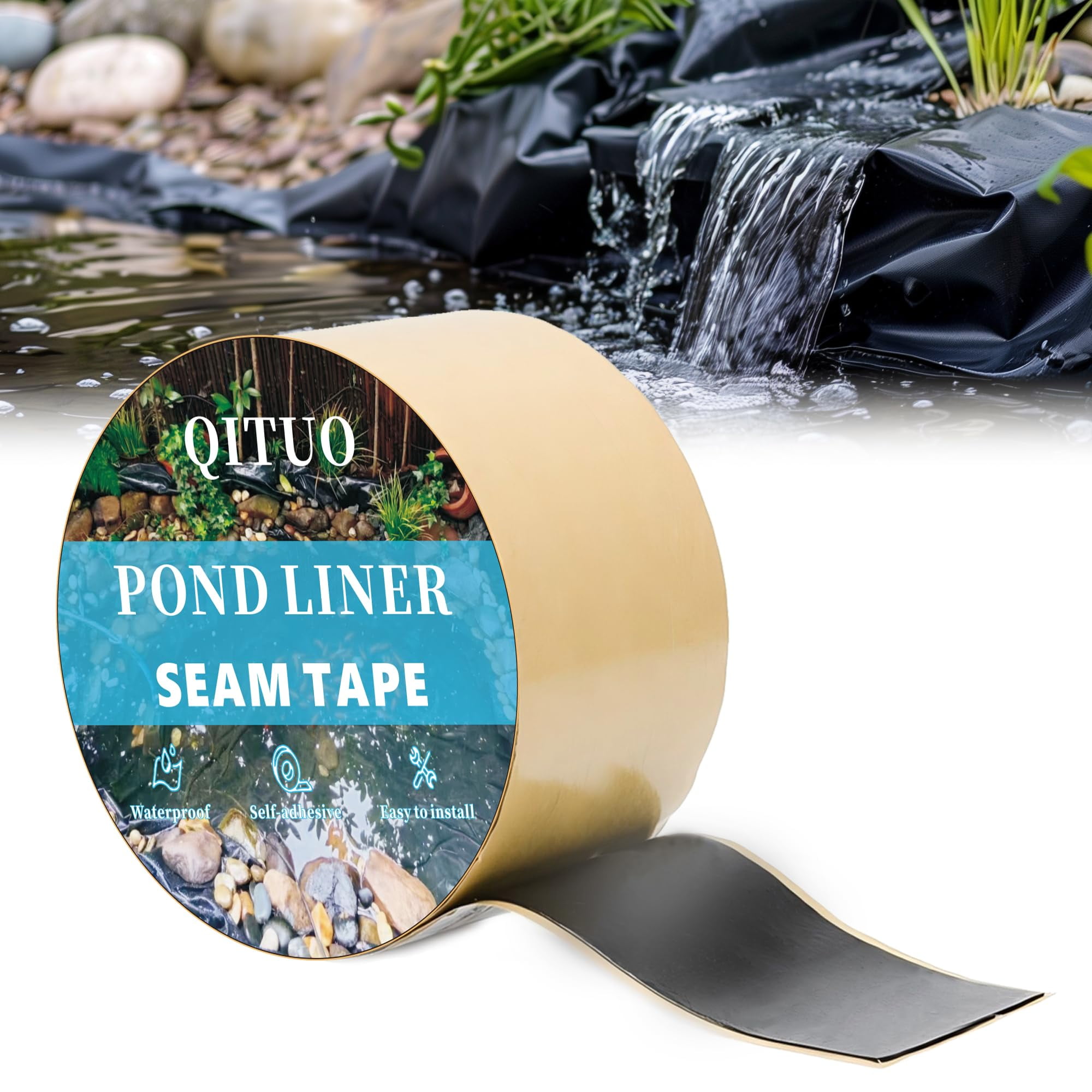 QITUO Pond Liner Seam Tape, 3" x 30' Double Sided Butyl Pond Liner Tape ...