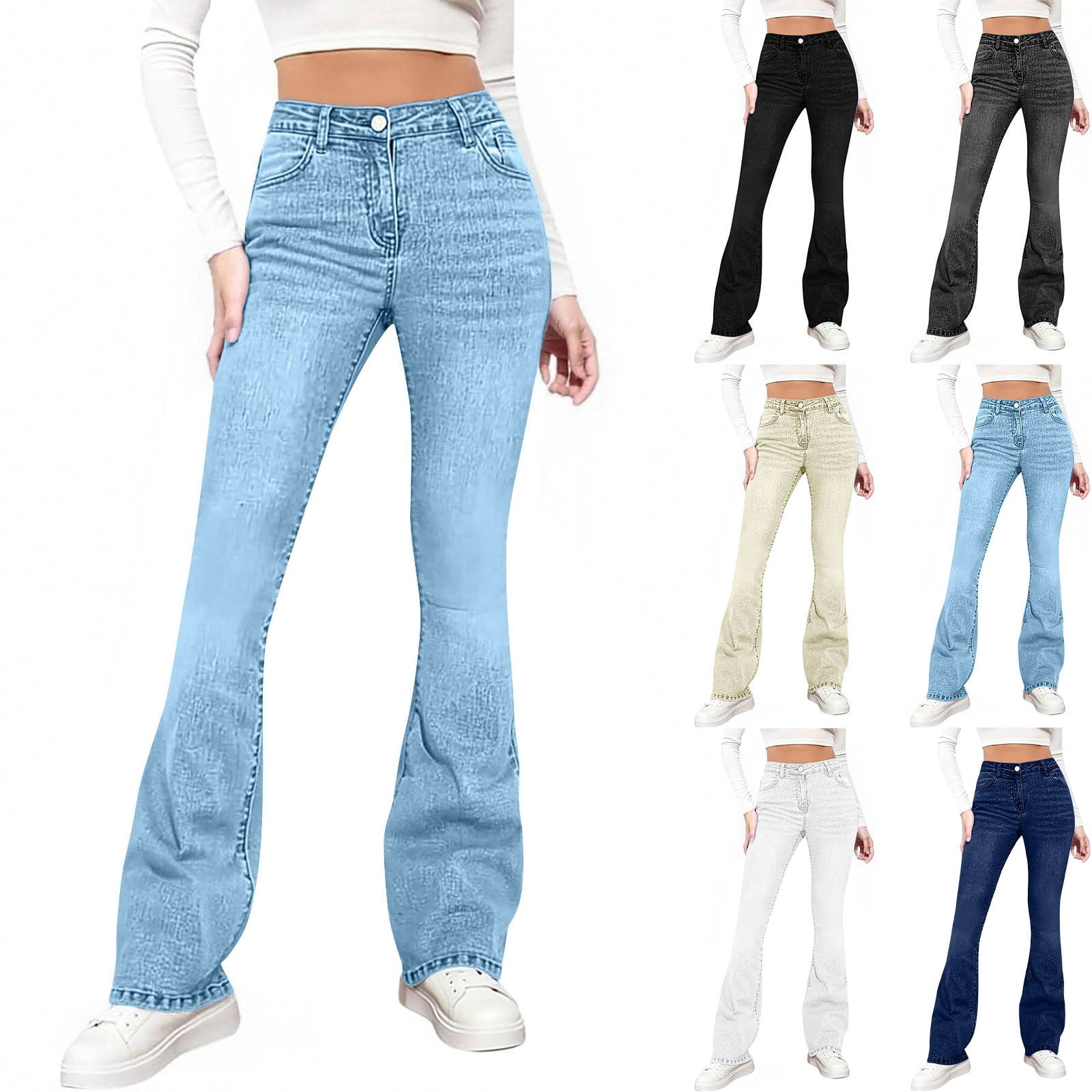 QIUOMBBP Dark Gray Womens Wide Leg Flare Jeans Stretchy High Waisted ...