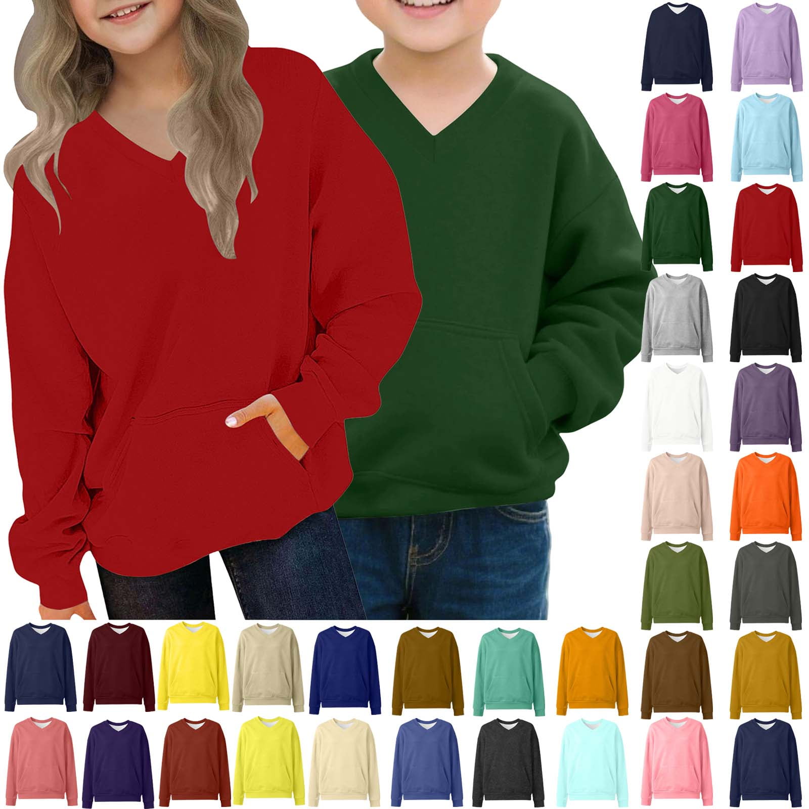 QIUOMBBP Kids V Neck Sweatshirt with Pocket Solid Casual Long Sleeve ...