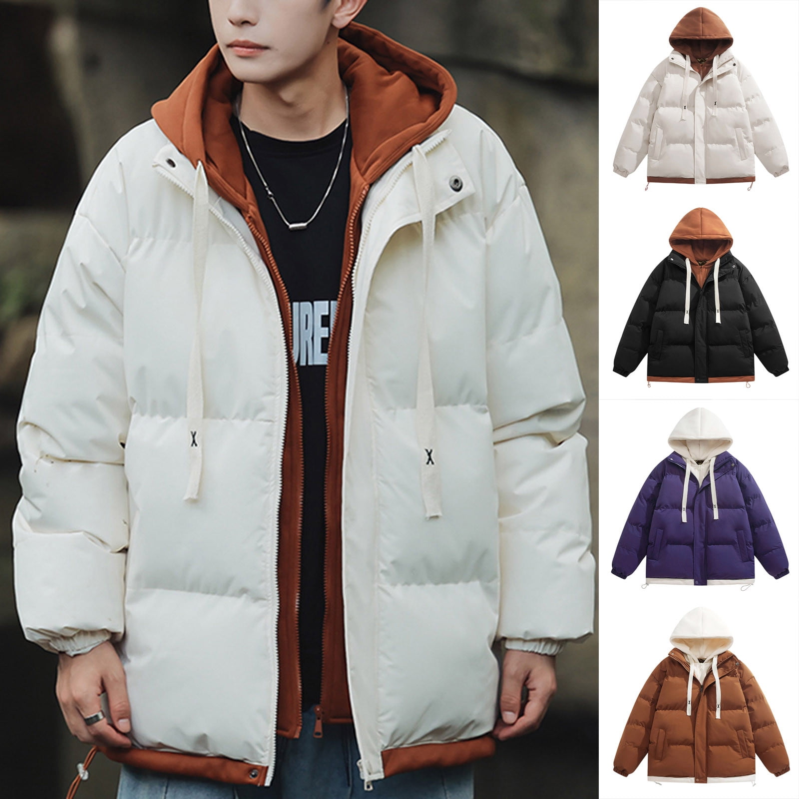 QIUOMBBP Men Patchwork Hooded Down Jackets Plush Lined Thermal Puffer ...