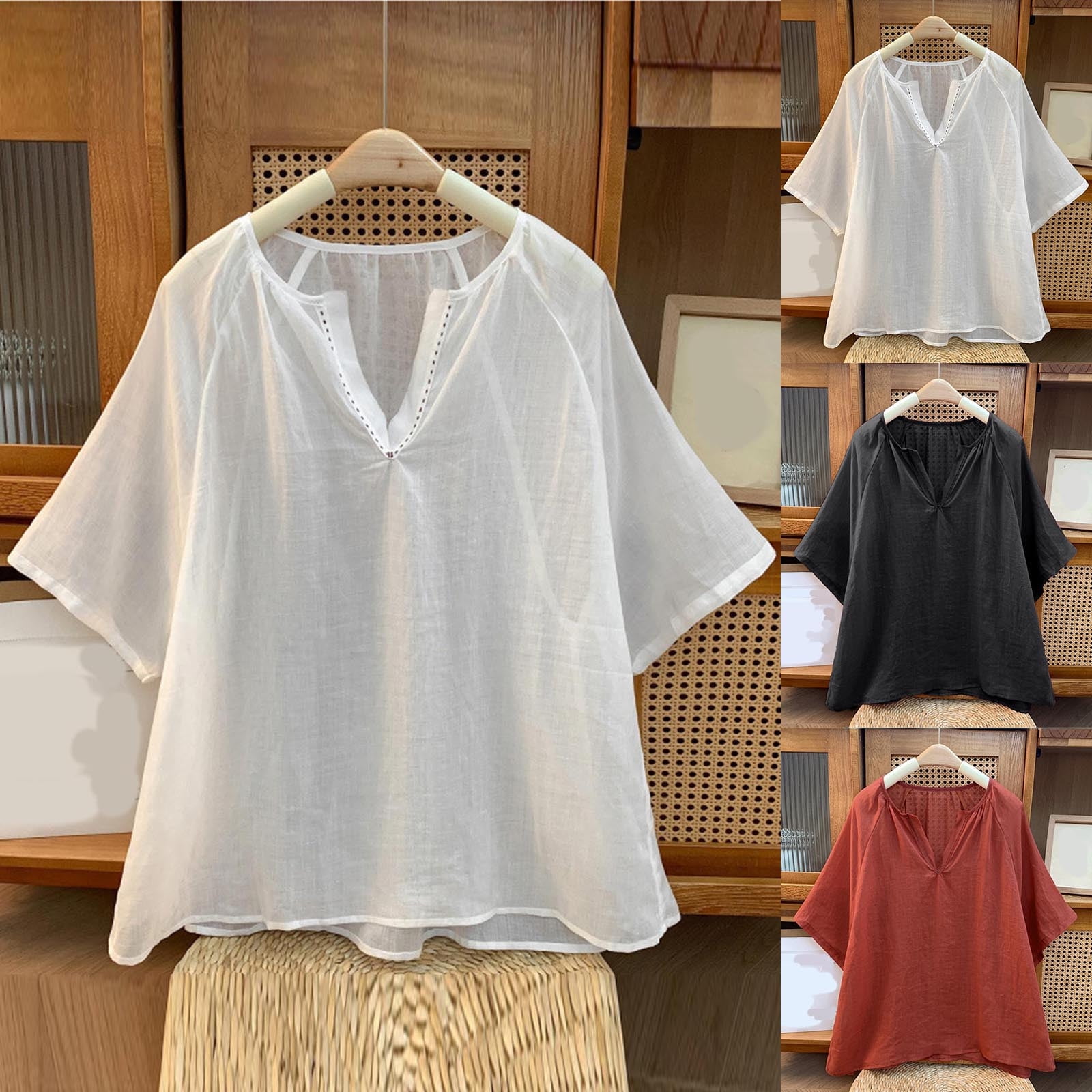 QIUOMBBP Short Sleeve Cotton Linen Tops for Women Deep V Neck Solid ...