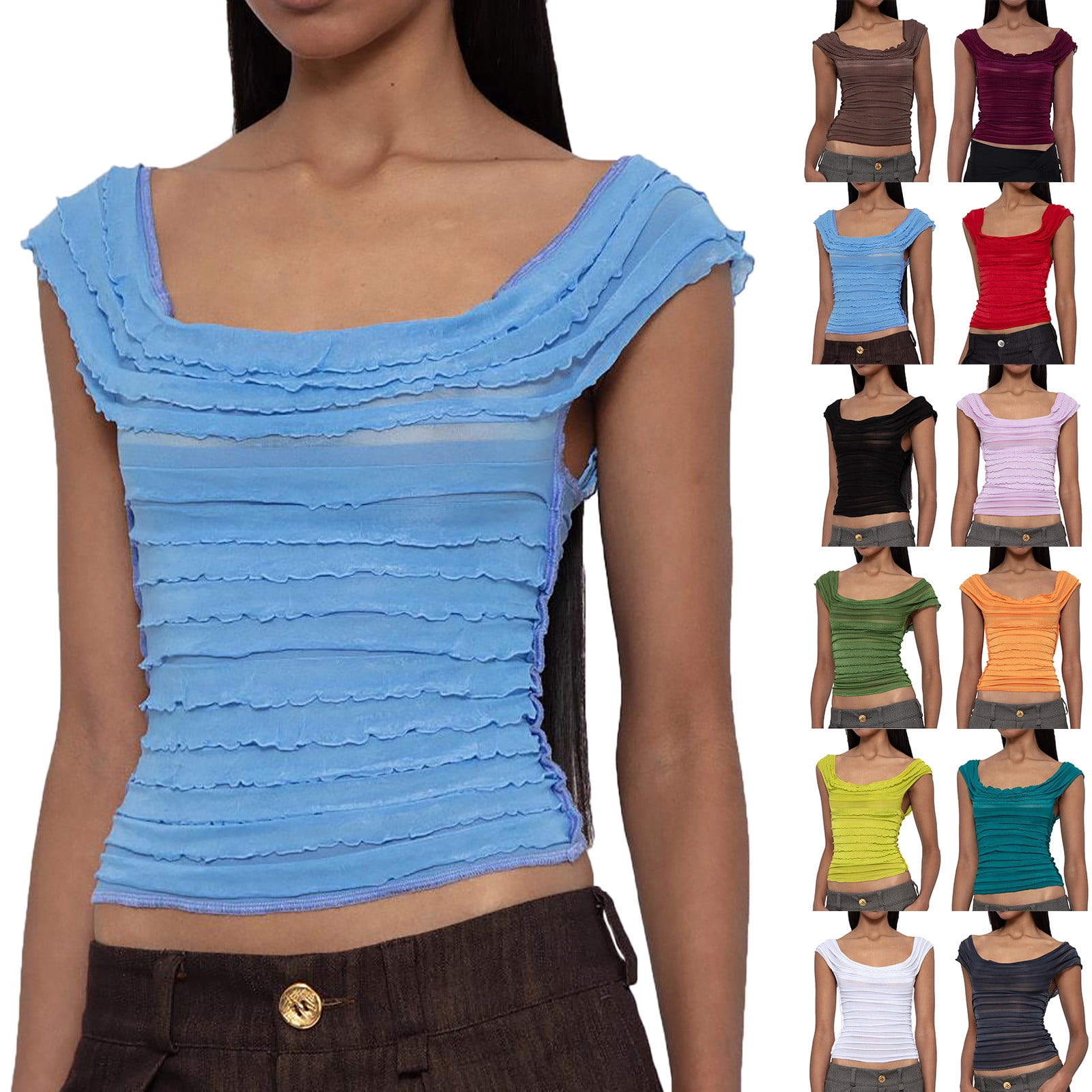 QIUOMBBP Women's Y2k Crop Tops Cap Sleeve Multi Tiered Layered Solid ...