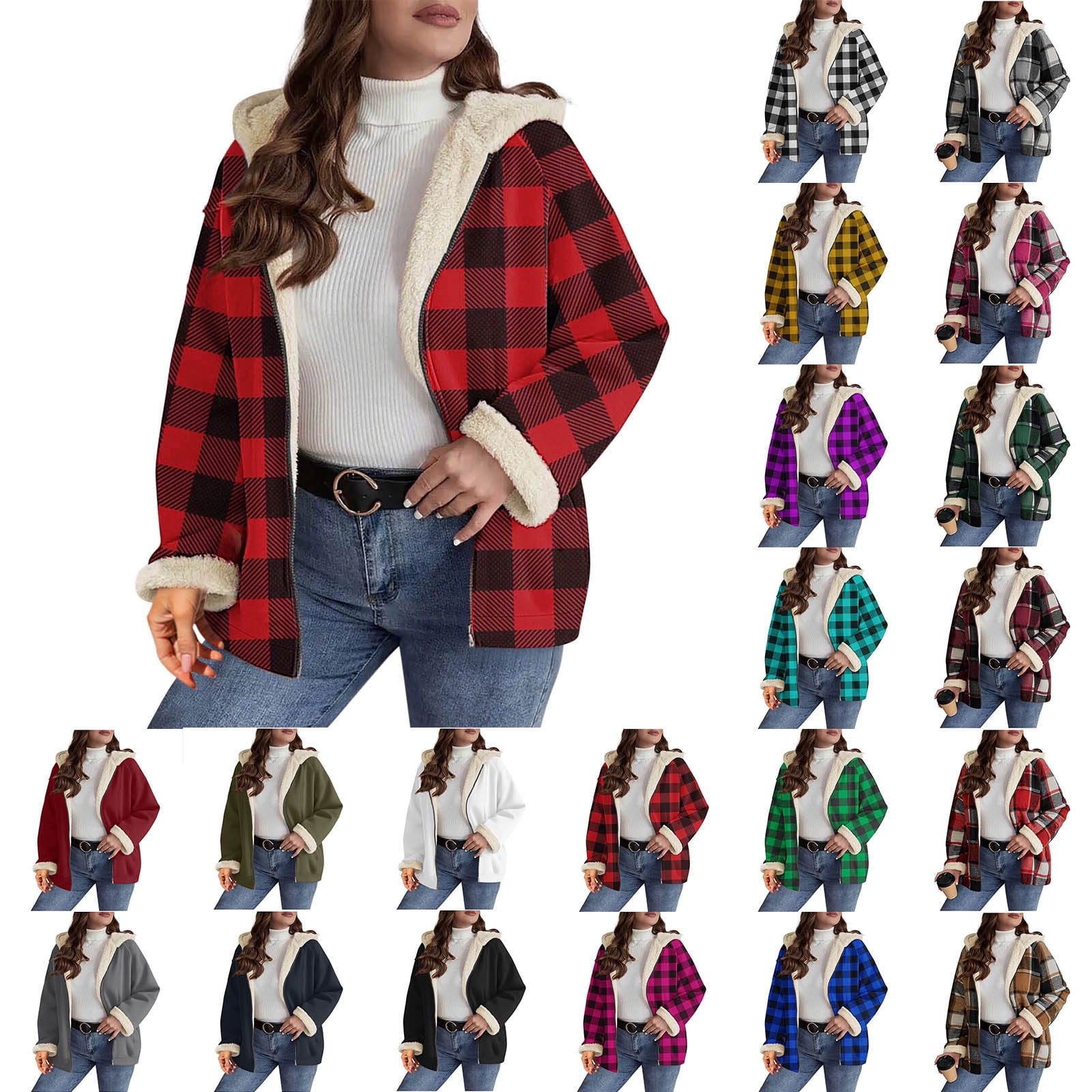 QIUOMBBP Womens Plaid Shacket Jacket Fashion Plaid Sherpa Lined Jackets ...