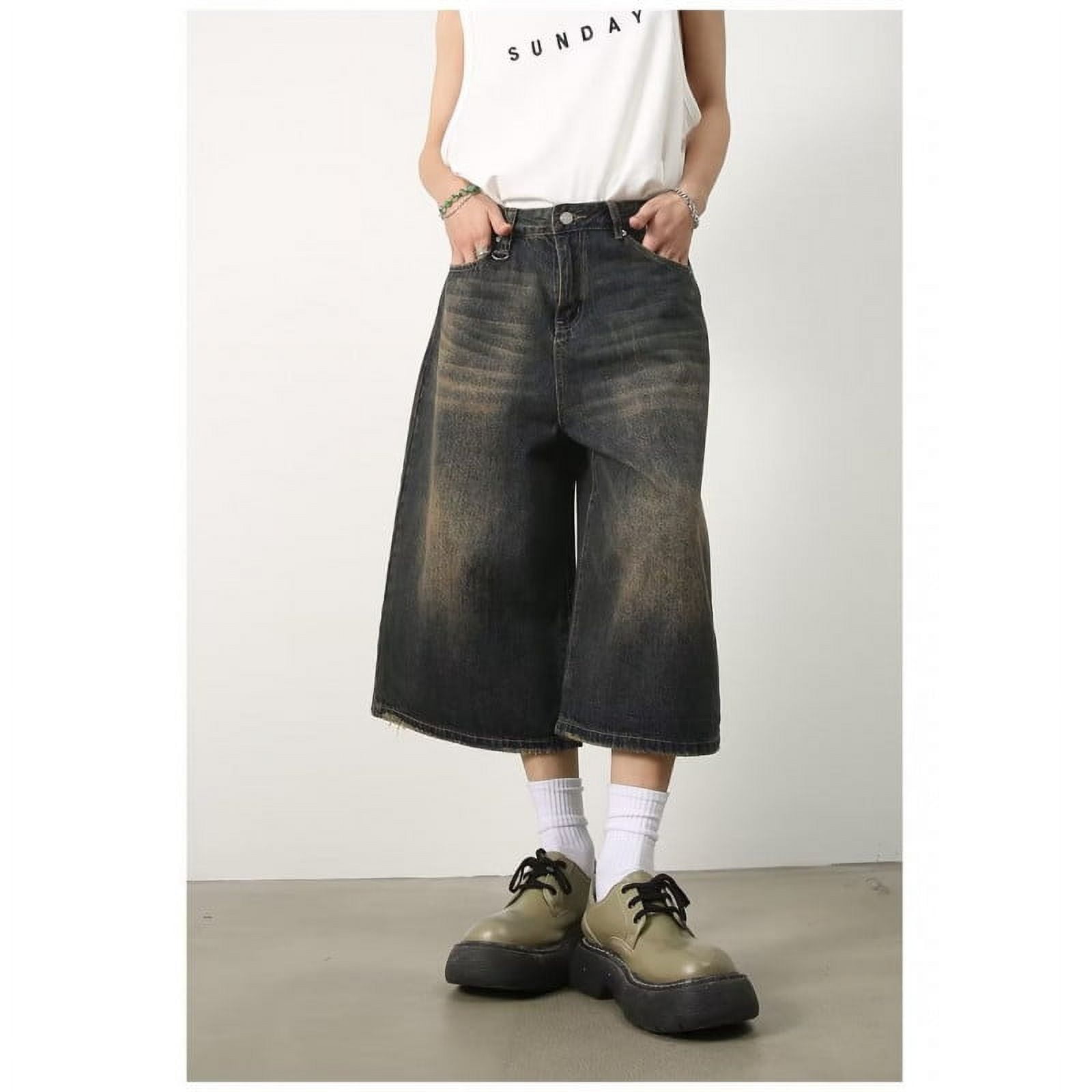 QIUTIAN Korean Style Vintage Men's Jorts Jeans Streetwear Male Wide Leg Shorts New Washed ...