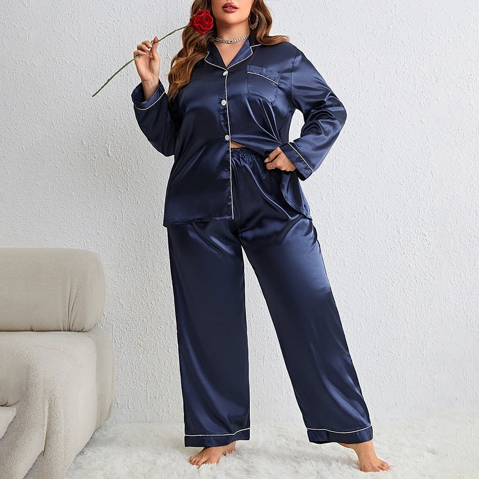 QIUTIAN Plus Size Silk Satin Women Pajama Sets Solid Long Sleeves Top ...