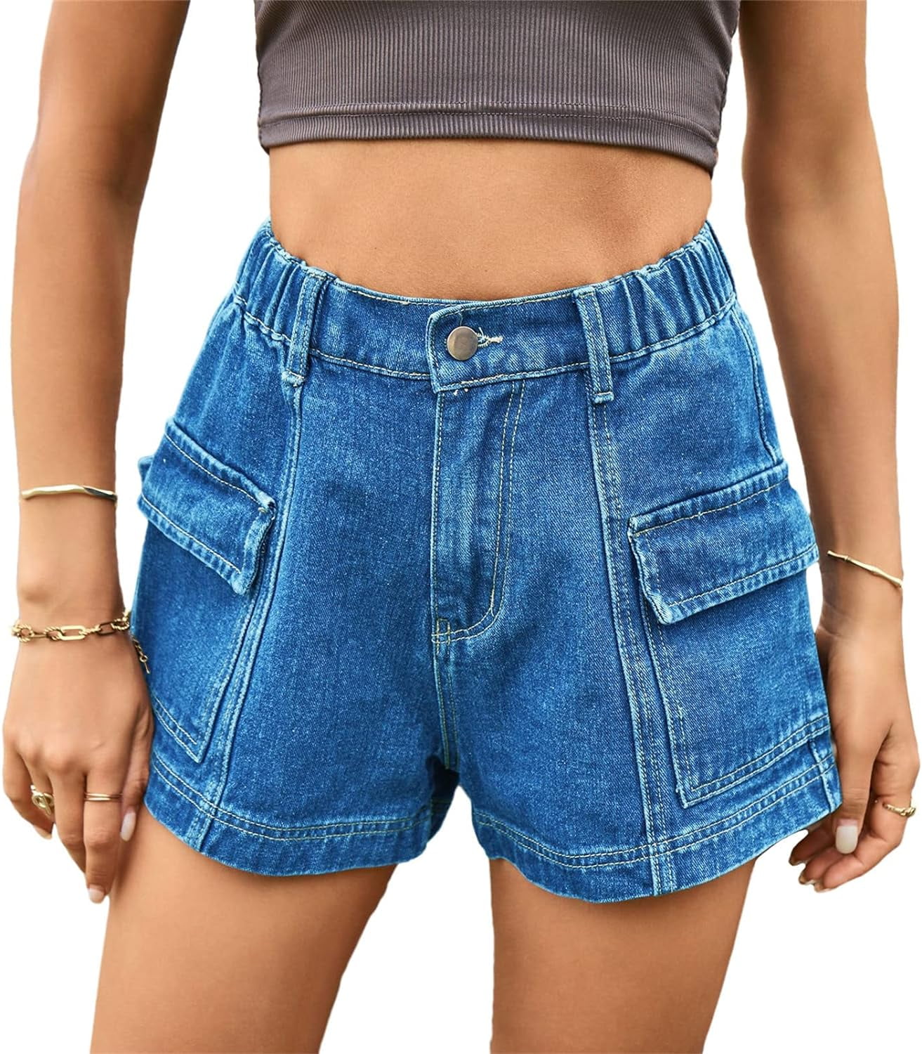 QIUYI Cargo Shorts Women Stretch Denim Shorts with Pocket Elastic Waisted Wide Leg Jean Short ...