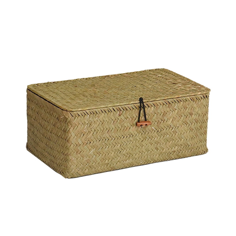 QIUYI Handmade Rectangular Wicker Storage Box with Lid Woven Straw ...