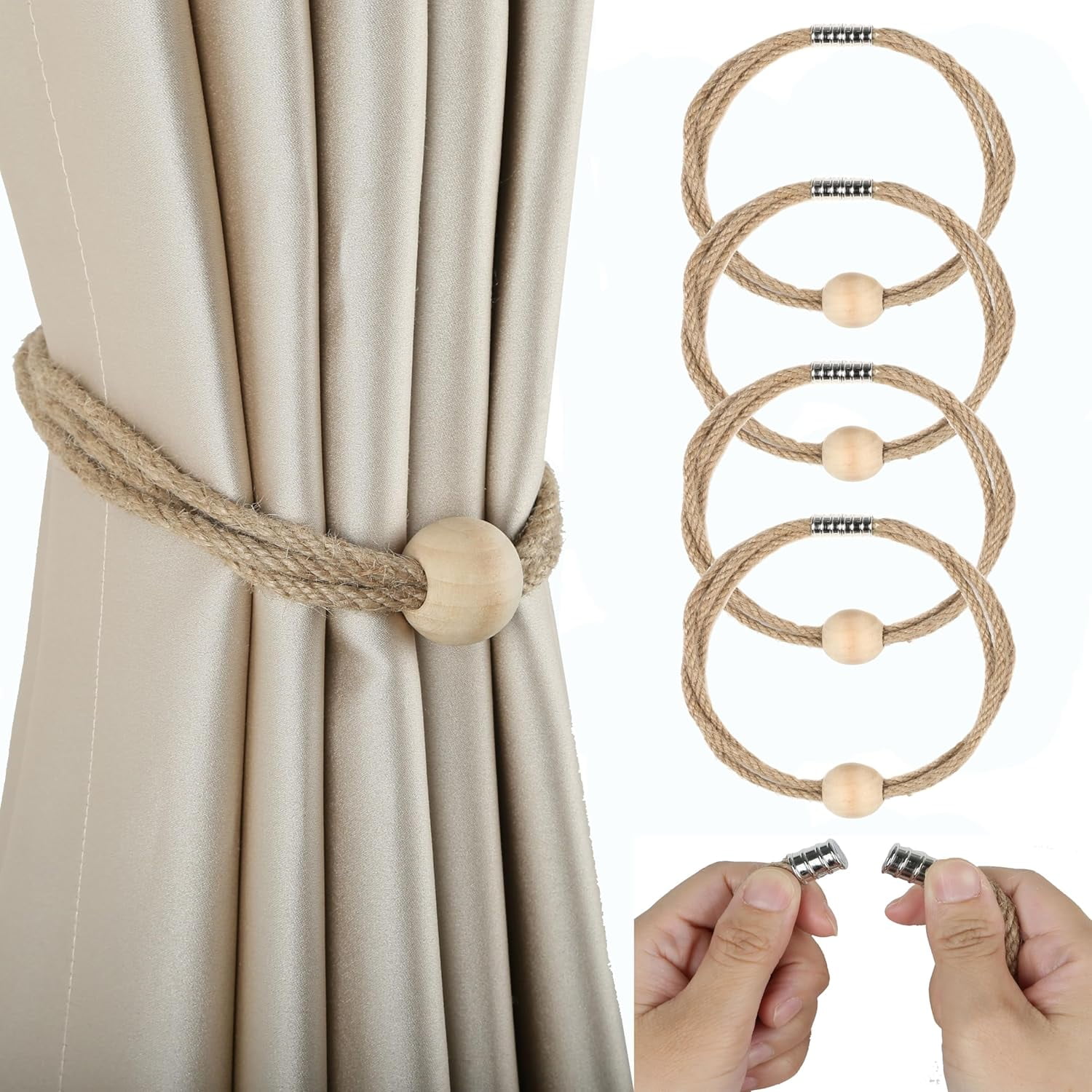 QIUYI Jute Magnetic Curtain Tiebacks, Wood Bead Curtain Holdbacks for ...