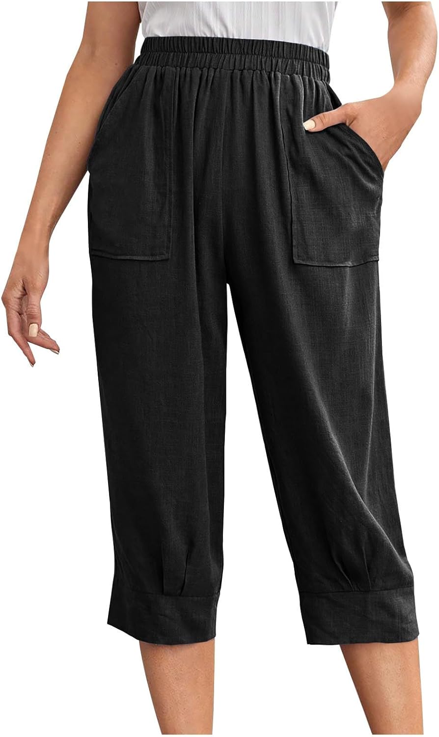 QIUYI Linen Capri Pants for Women Plus Size Wide Leg Casual Summer Elastic Waisted Drawstring ...