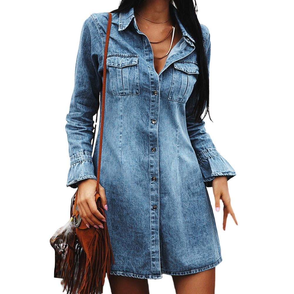 QIUYI New Women Lapel Shirt Dress Single-breasted Women Dress Vintage ...