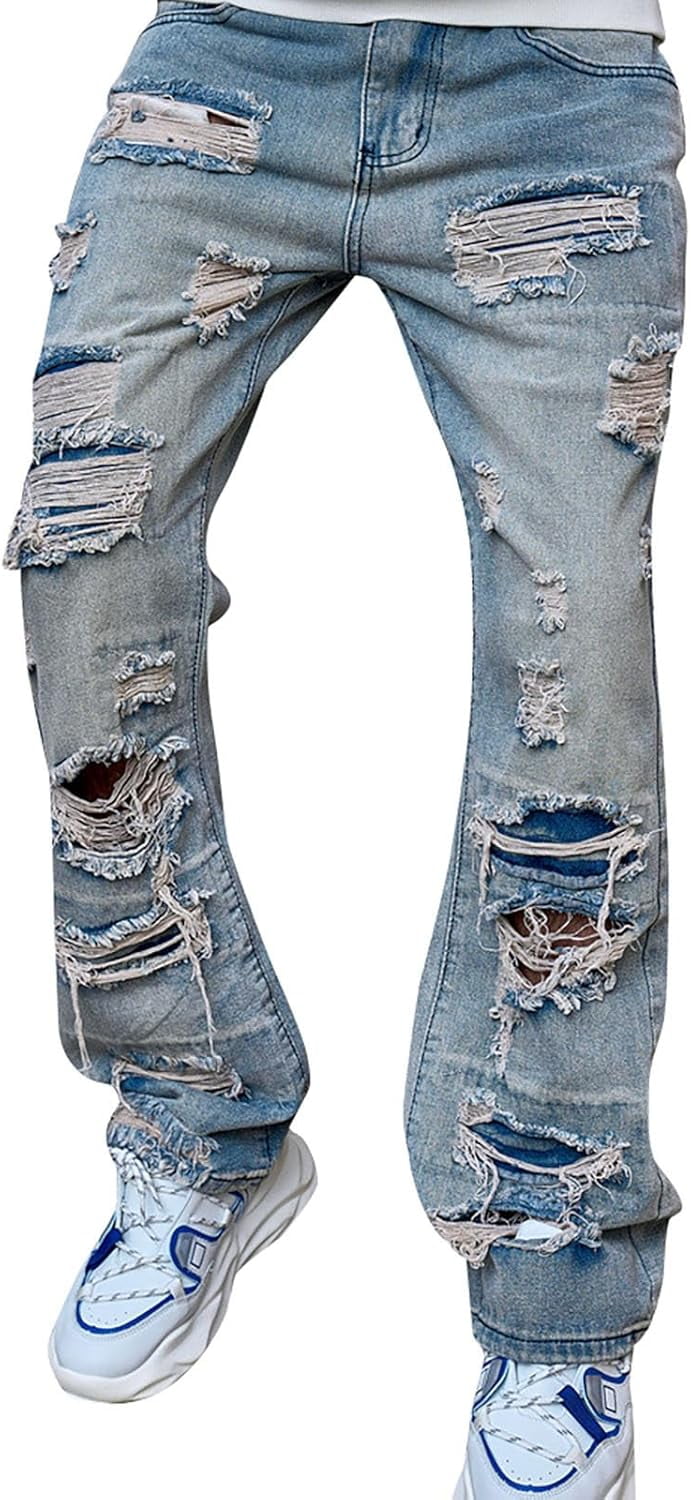 QIUYI Ripped Jeans for Men Relaxed Fit Straight Stretch High Waisted ...