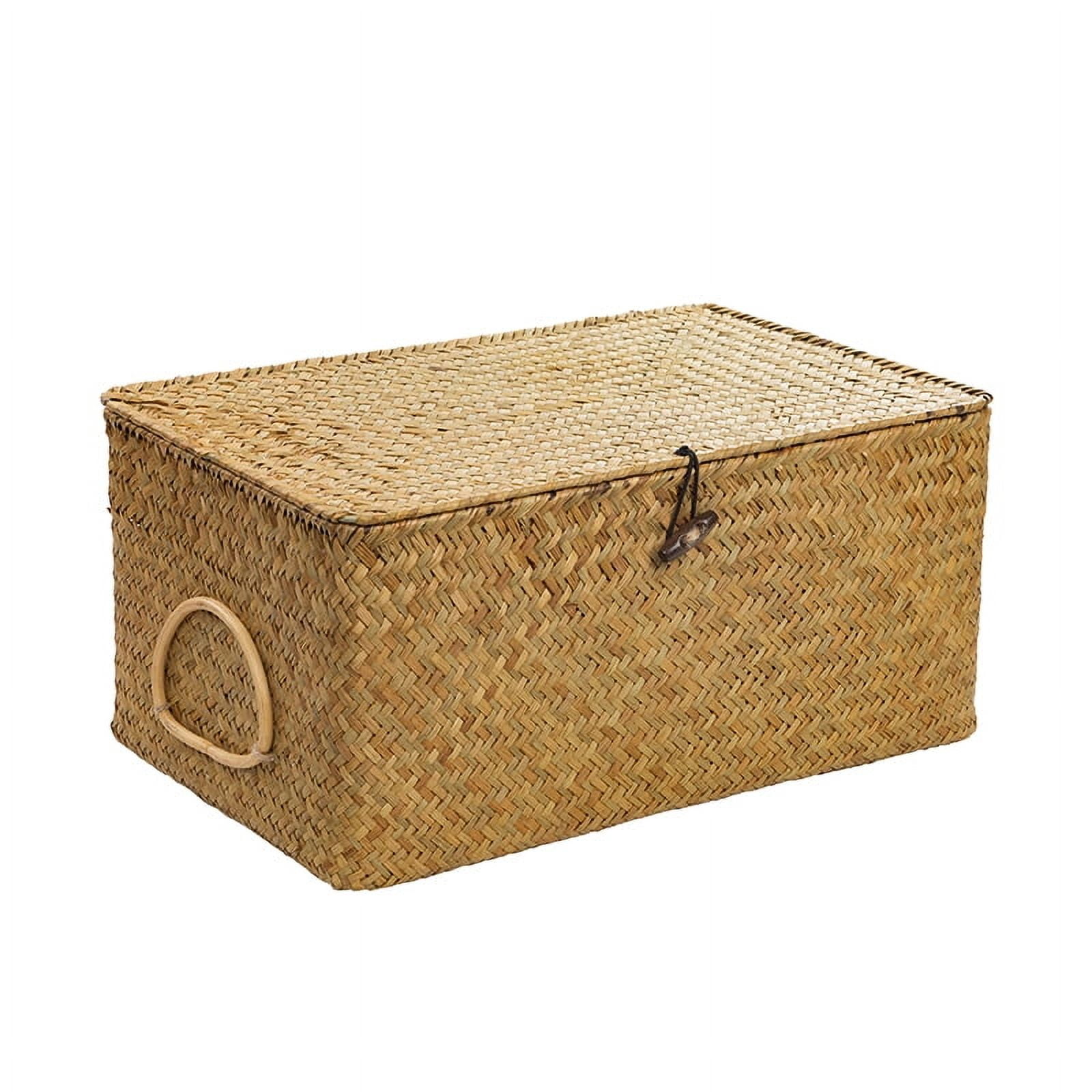QIUYI Seagrass Woven Storage Basket with Lid Handle Wicker Box Basket ...