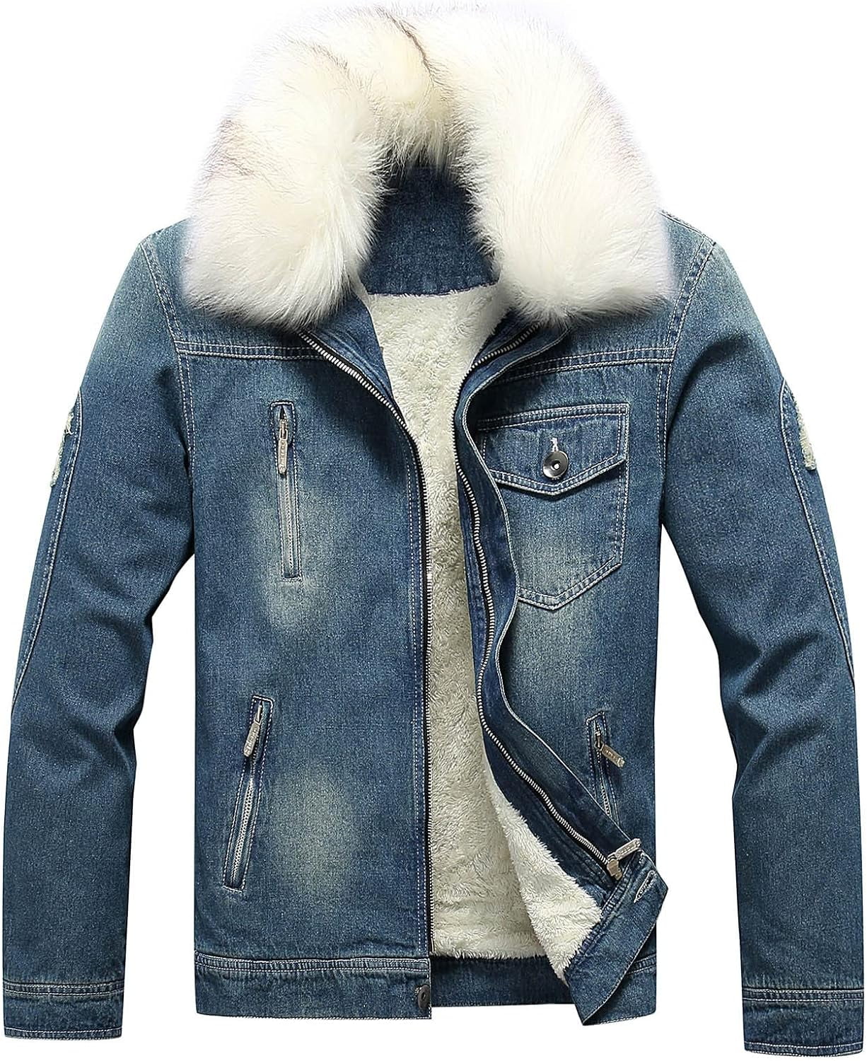 QIUYI Sherpa Lined Jean Jacket for Men with Faux Fur Collar Slim Fit ...