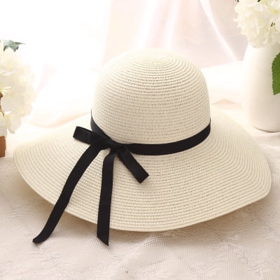 QIUYI Simple Foldable Wide Brim Floppy Girls Straw Hat Sun Hat Beach ...