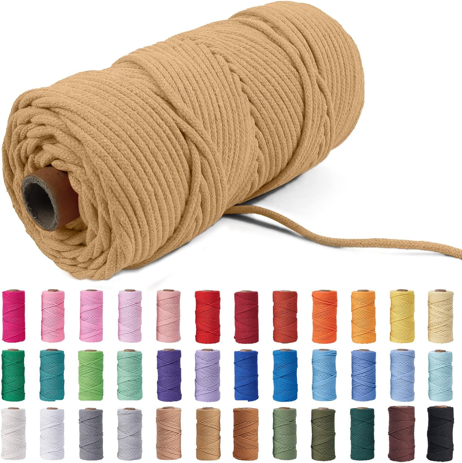 QIUYI Single Strand Macrame Cord 4mm x 109 Yards Cotton Rope Macrame ...