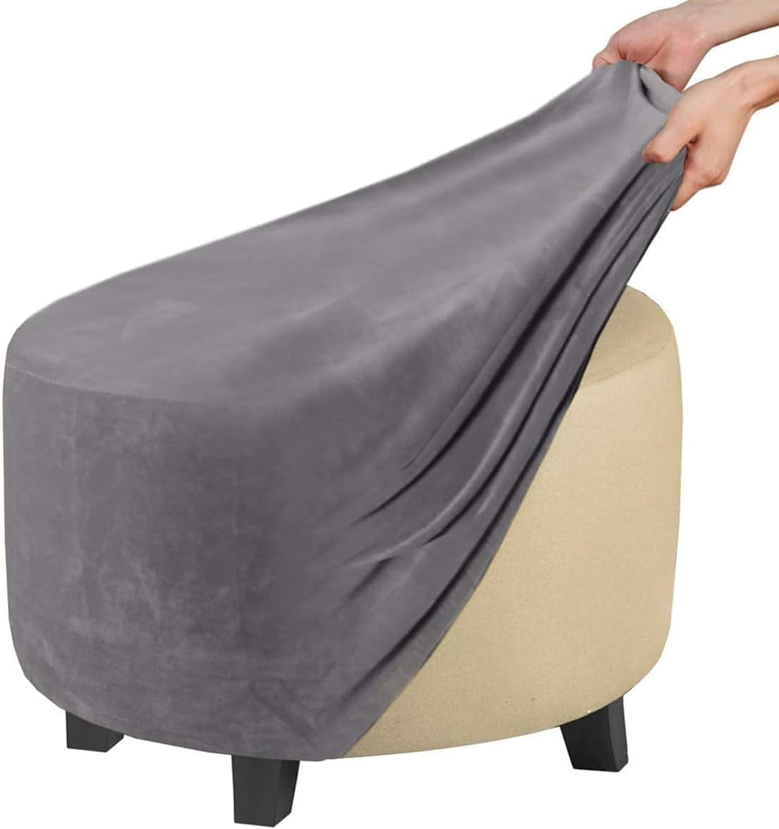 QIUYI Stretch Footstool Cover Round, Velvet Jacquard Ottoman Covers ...