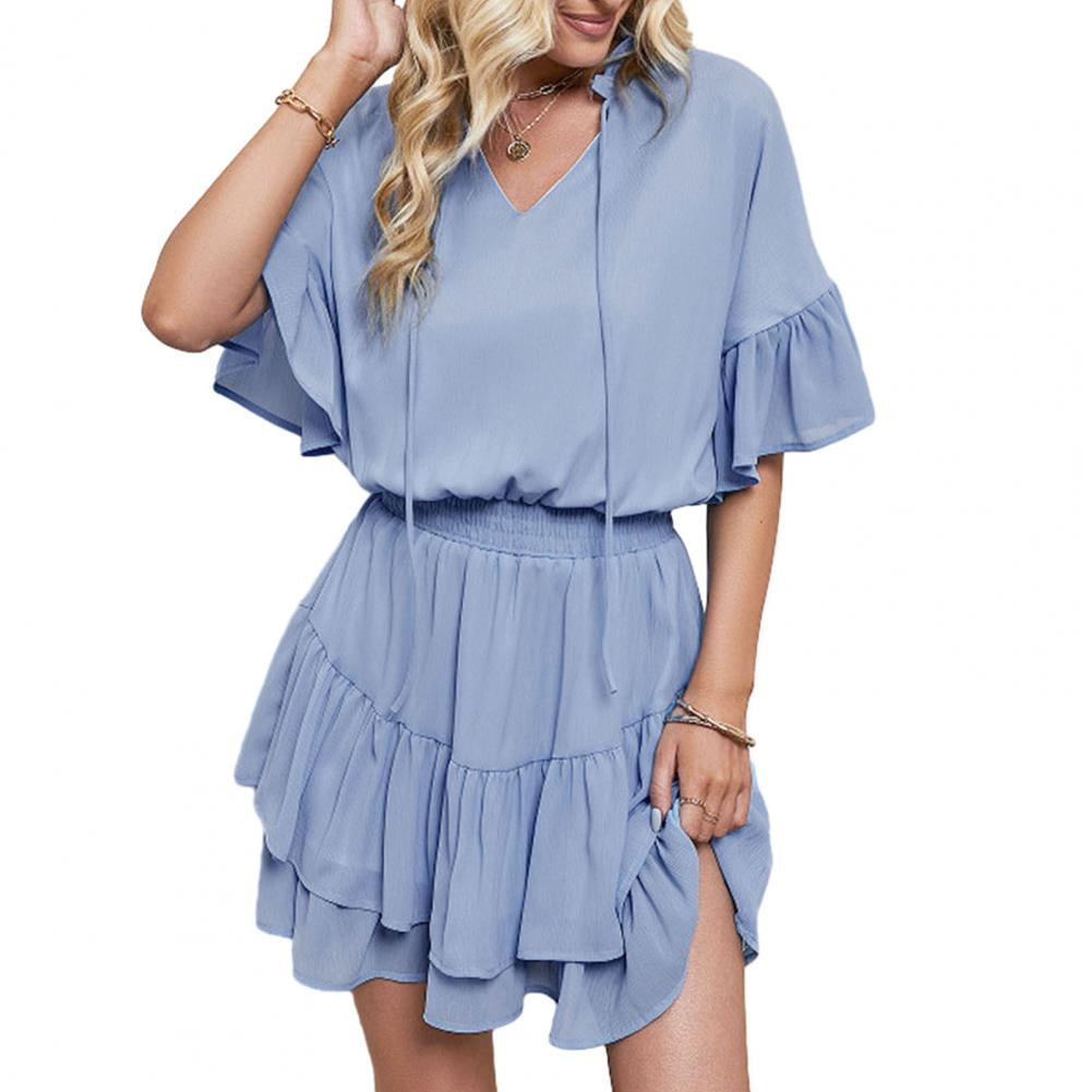 QIUYI Summer Women Dress Mini Ruffle V Neck Drawstring Elastic Waist ...