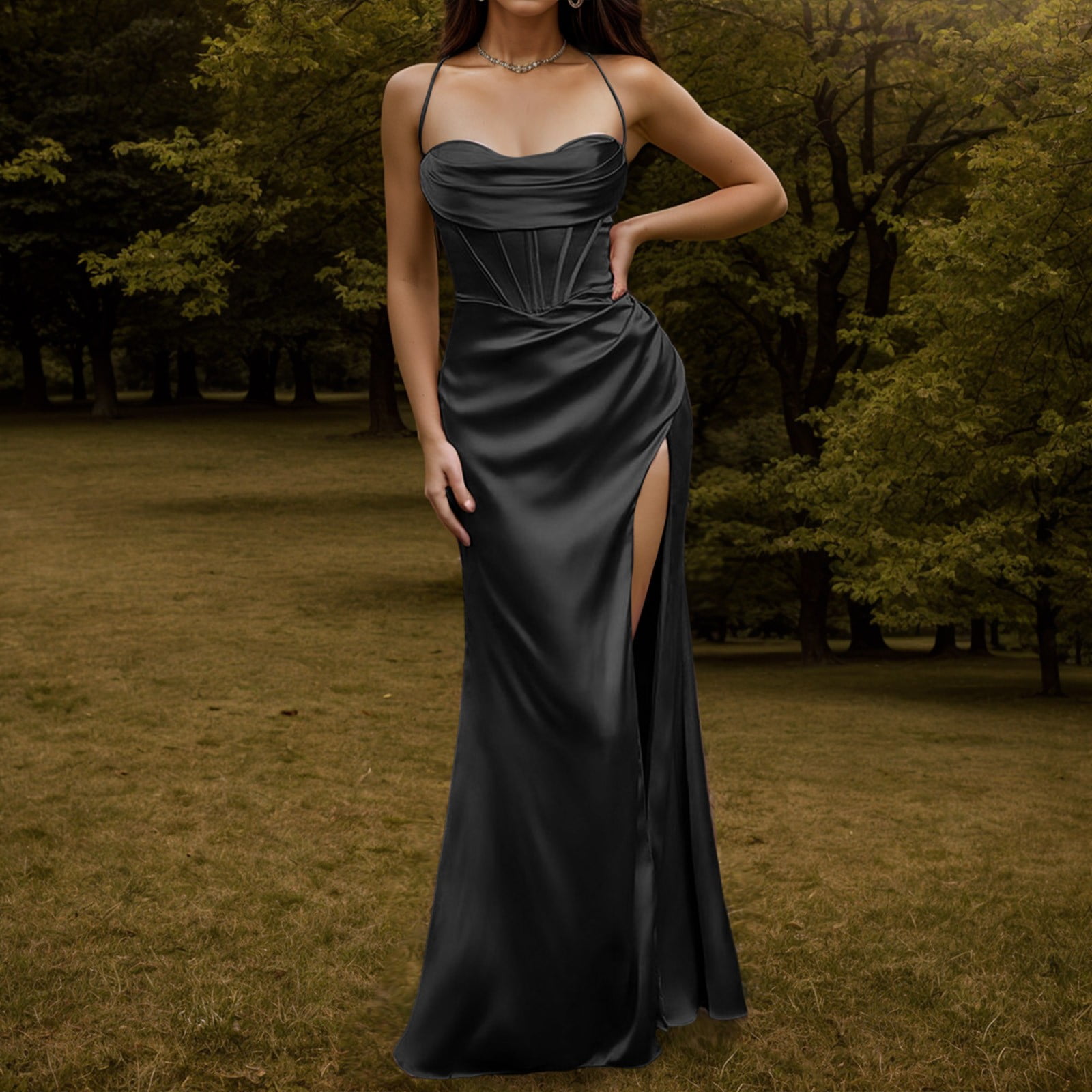 QIUYI Women Sexy Satin Corset Maxi Dress Silky Strap Push Up Fishbone ...