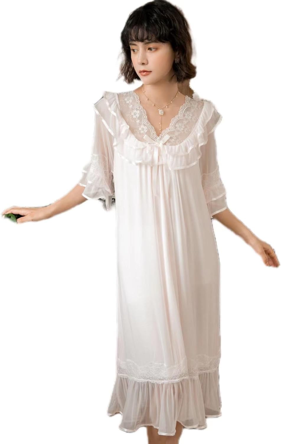 QIUYI Women's Lace Vintage Princess Nightdress Sheer Victorian ...