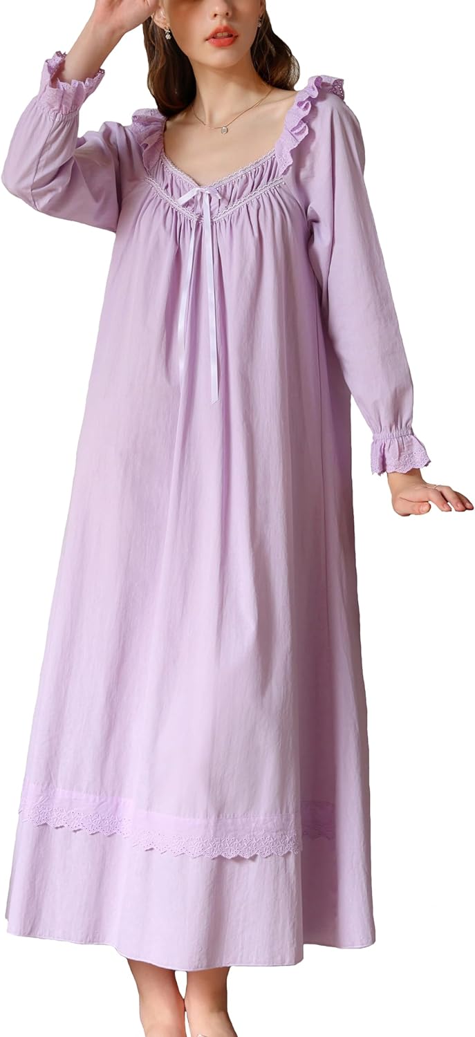 QIUYI Women's Nightdress Vintage Long Sleeve Nightgown Sleepwear ...