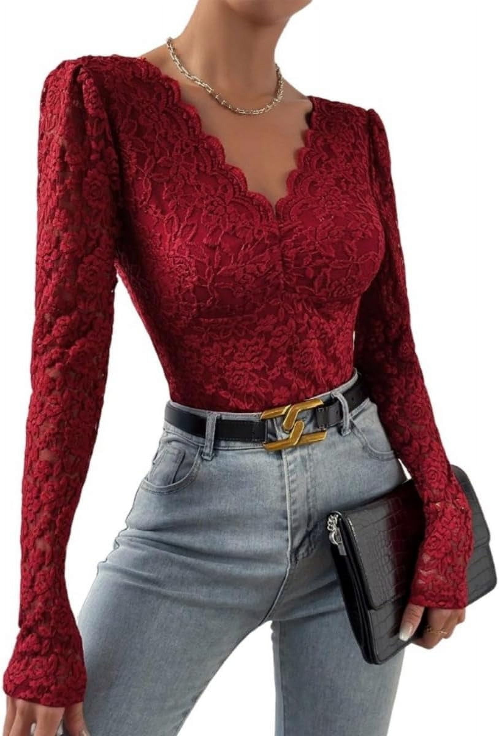 QIUYI Women's Sheer Long Sleeve Floral Lace Bodysuit Blouse Top V-Neck Backless Going Out ...