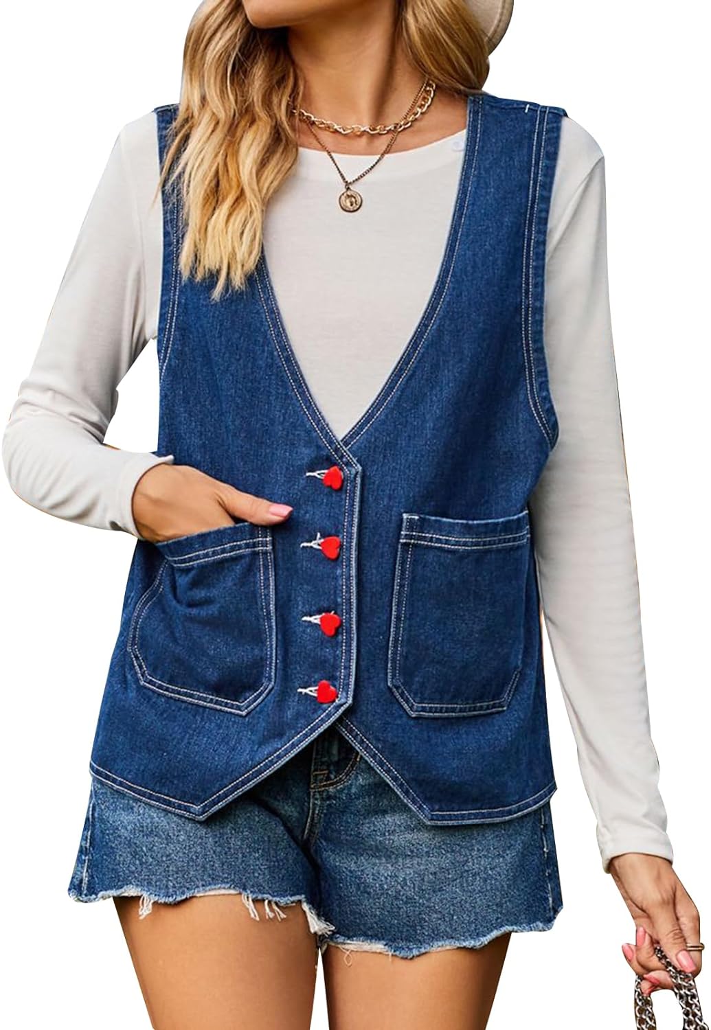 QIUYI Womens Sleeveless Denim Vest V Neck Button Down Waistcoat Jacket Casual Cropped Jean Tops ...