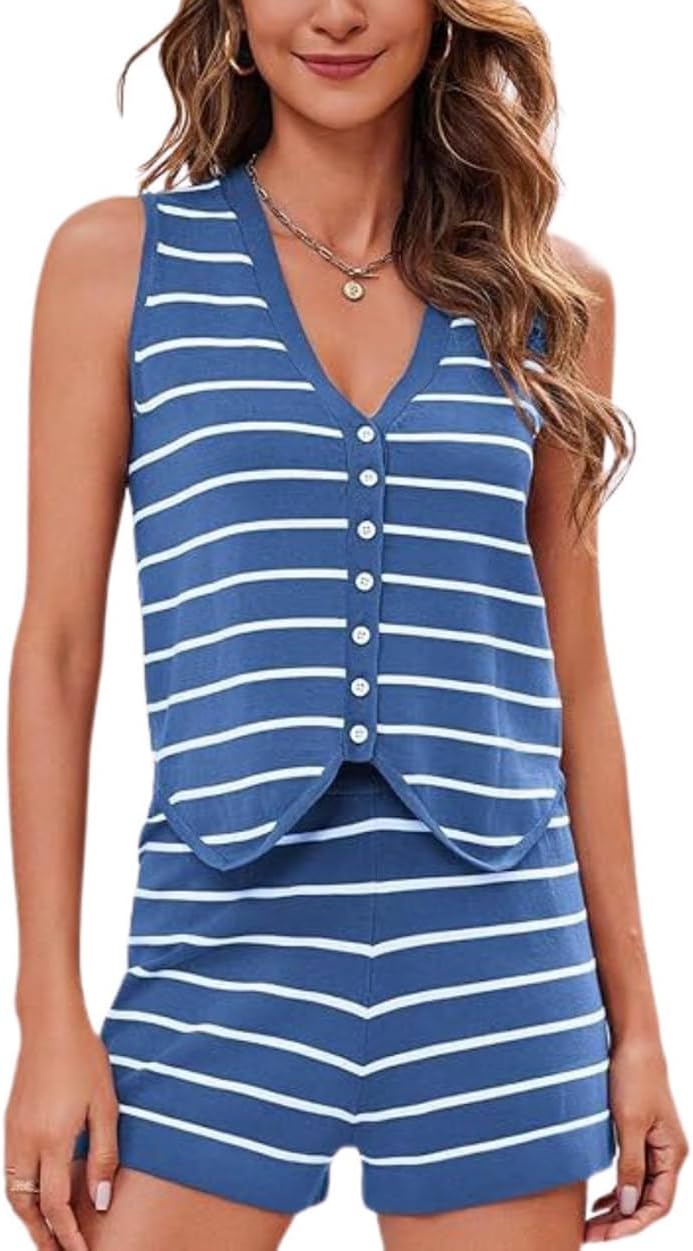 QIUYI Womens Striped Pajama Sets Knit Tank Top and Shorts 2 Piece Outfits Lounge Sets - Walmart.com