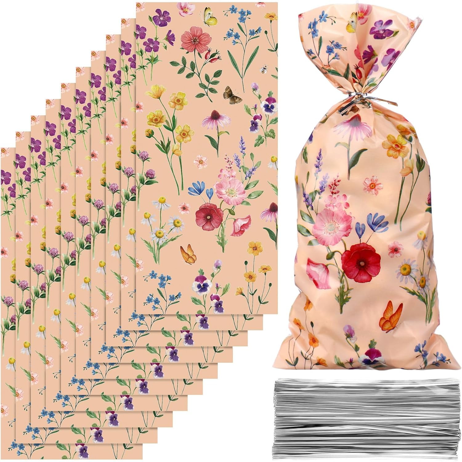 QIUYIDP 100 Pieces Party Cellophane Treat Bag Floral Candy Bags for Baby Shower Wedding Bridal ...