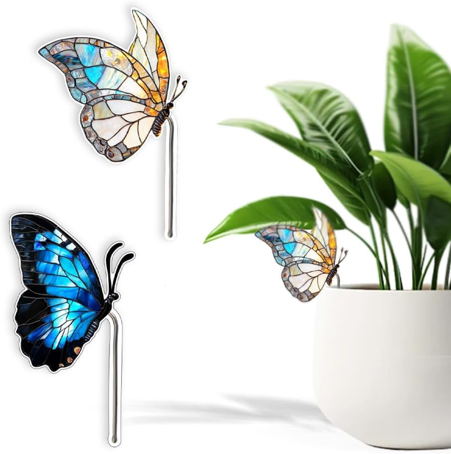 QIUYIDP 2 Pieces Stained Acrylic Butterfly Flower Pot Hugger Cute ...