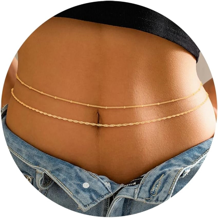 QIUYIDP 2PCS 18K Gold Plated 26-43Inch Waist Chain for Women Gold Body Belly Chain for the Waist ...