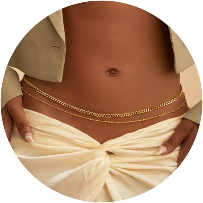 QIUYIDP 2PCS 18K Gold Plated 26-43Inch Waist Chain for Women Gold Body Belly Chain for the Waist ...