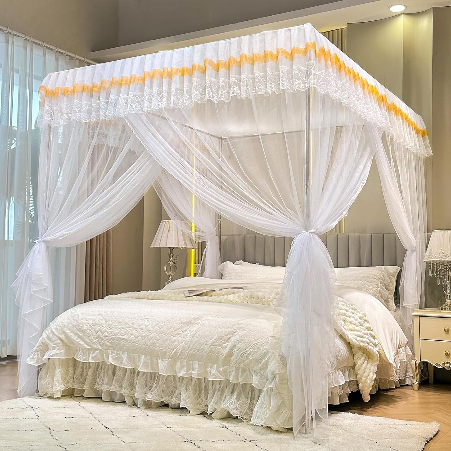 QIUYIDP Blue Mosquito Net Tent for Bed，Three Side Opening Laciness Top ...