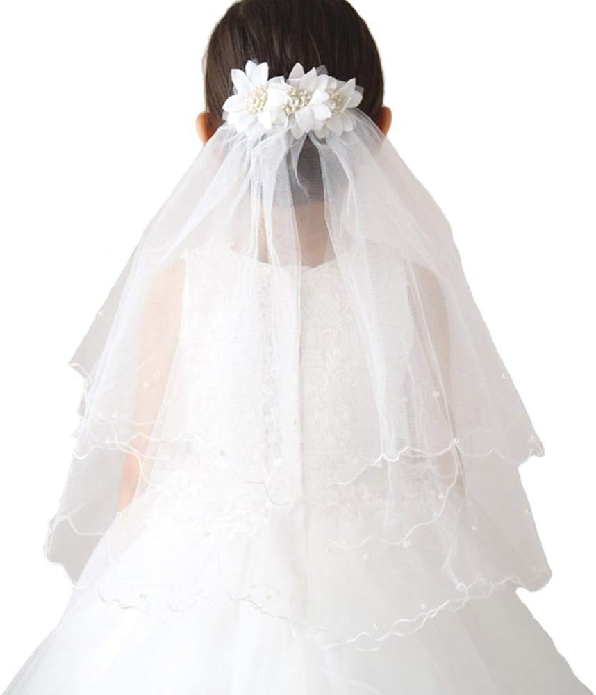 QIUYIDP Girl's Two Layers Tulle First Communion Veils with Pearls for ...