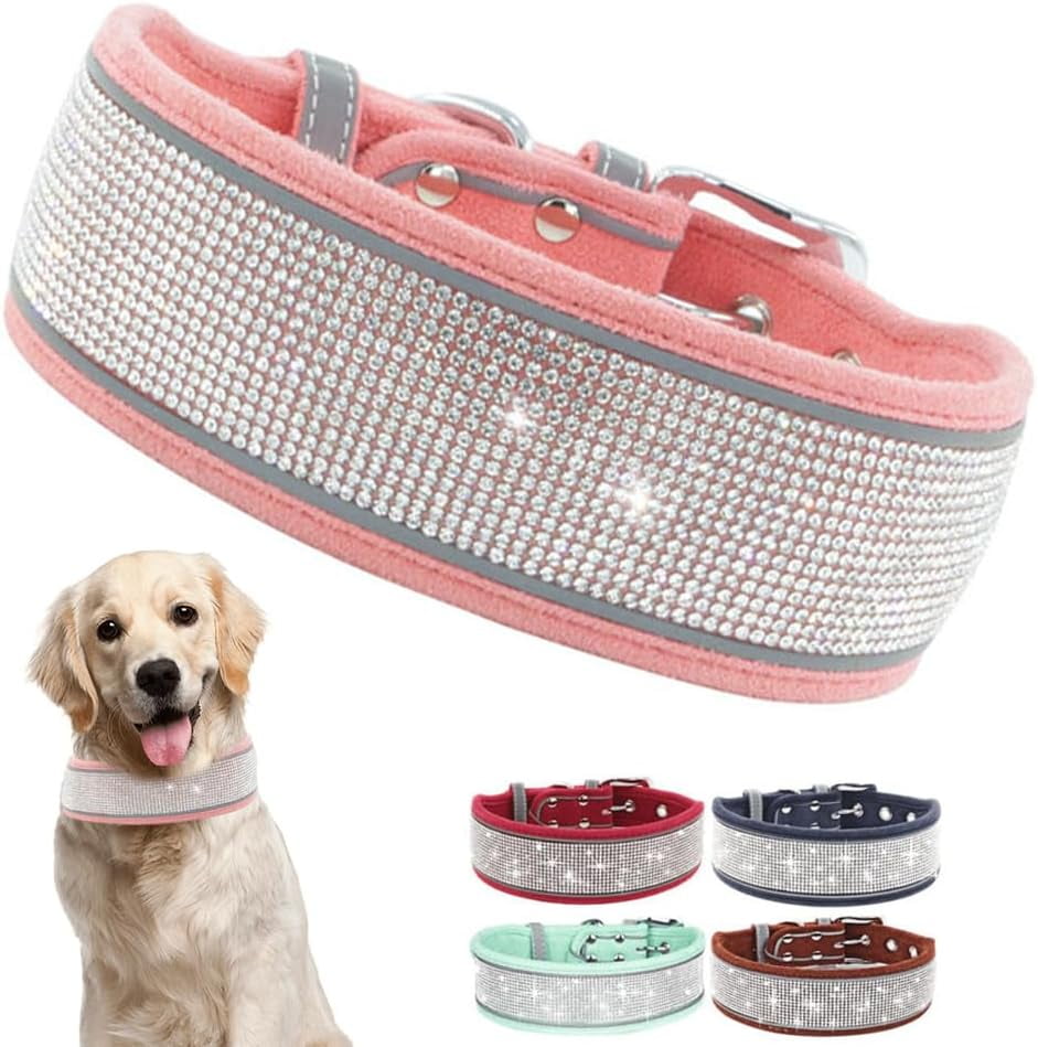 QIUYIDP Pink Rhinestone Dog Collar for Medium Dogs, 2-inch Wide Pretty ...