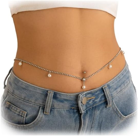 QIUYIDP Rhinestone Dangle Belly Button Ring with Waist Chain Summer Beach Rhinestone Navel ...