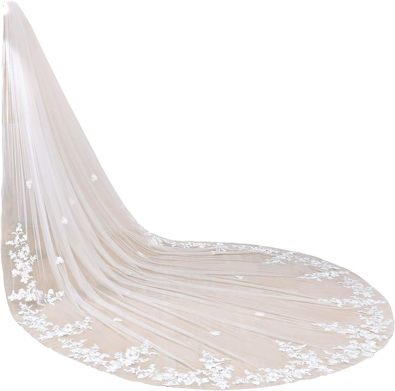 QIUYIDP Women's 1 Tier Cathedral Flower Lace Wedding Bridal Veil With ...