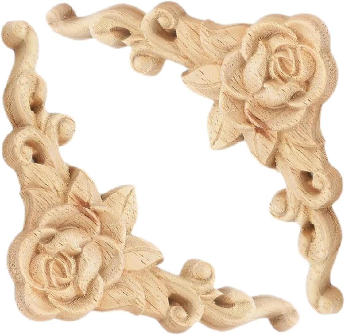 QIUYIDP Wood Carved Appliques Onlays, 8Pcs Rose Corner Decals Unpainted ...