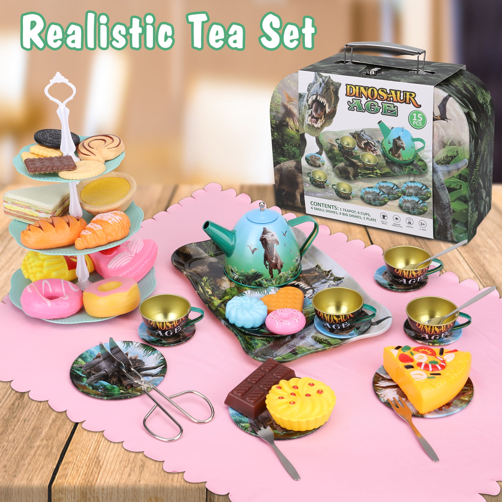 QIYAA Kids Tea Party Set for Little Girls Gift Pretend Toy Tin Tea Set ...