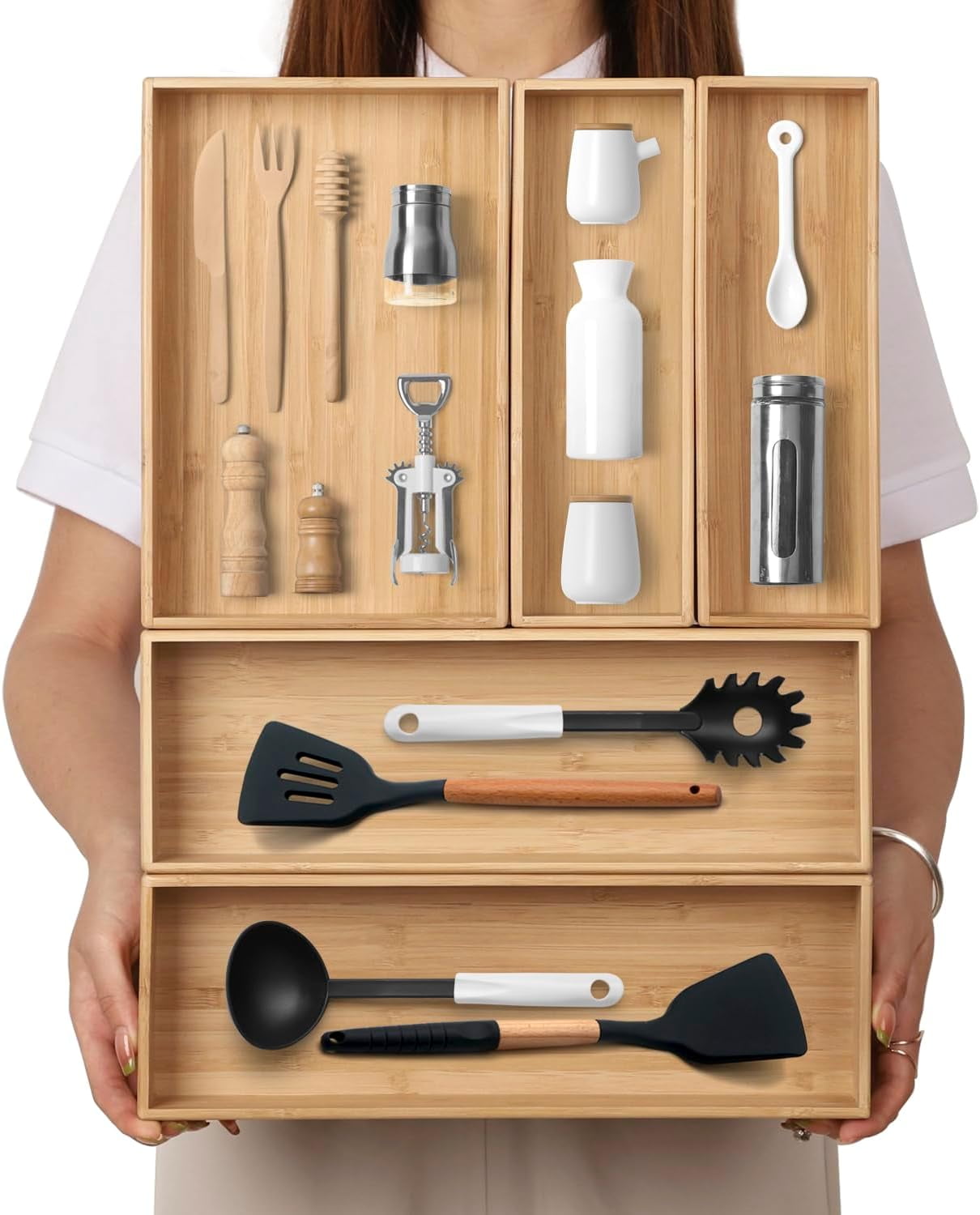 QJH Stack Bamboo Drawer Organizer Set of 5, Kitchen Utensil, Flatware ...