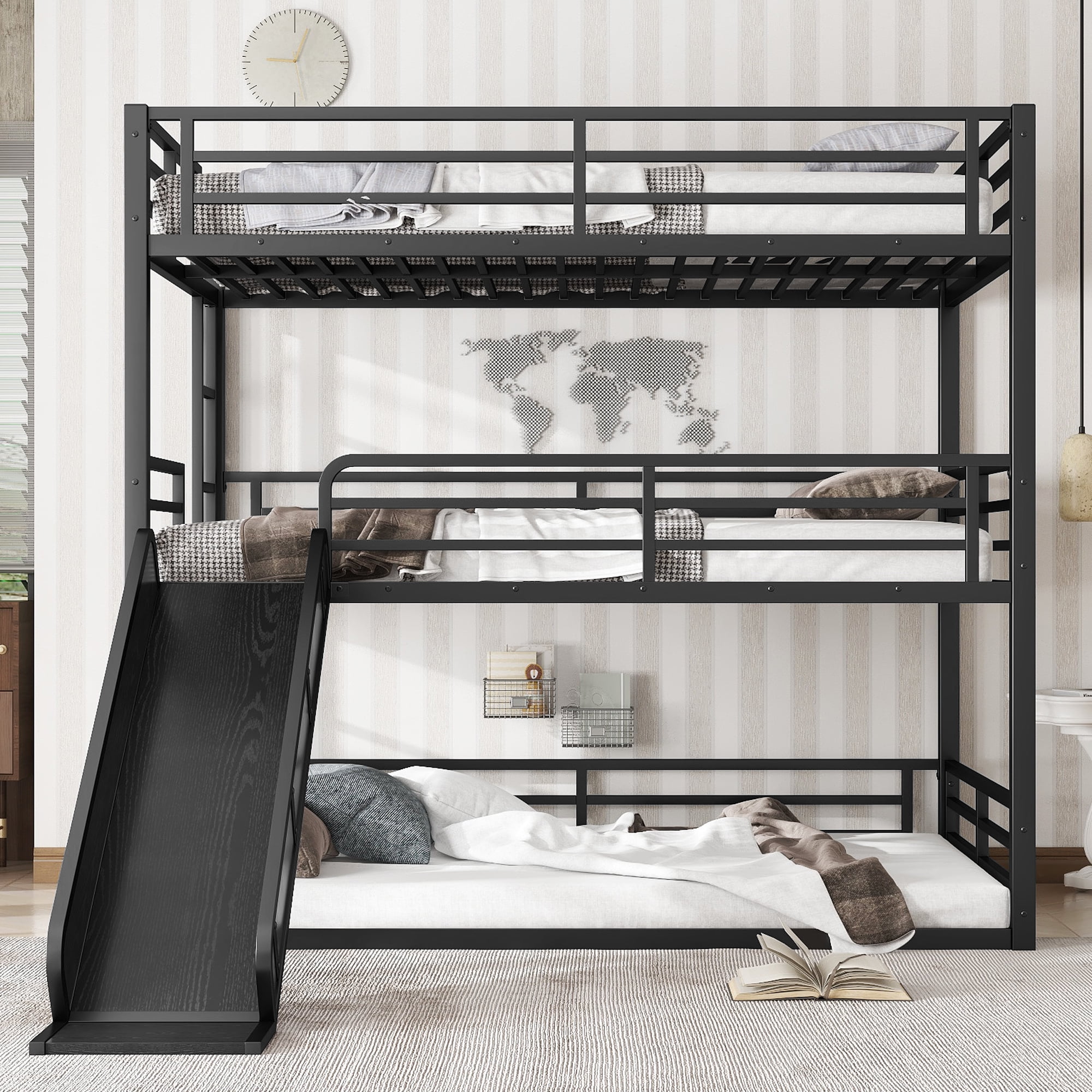 QJTC Triple Bunk Bed with Slide, Heavy Duty Full Over Full Over Full ...