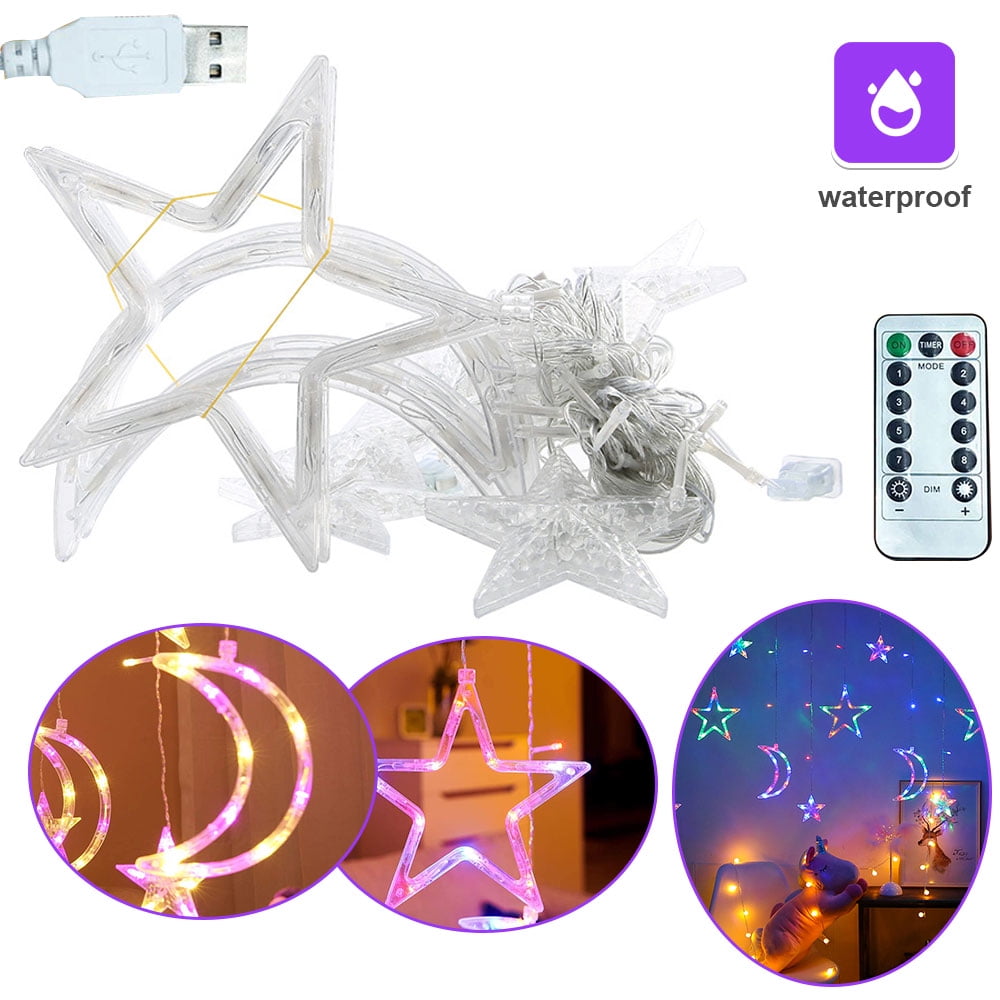 QJUHUNG 10Ft Decorative Starry String Curtain Light Moon and Star LED ...