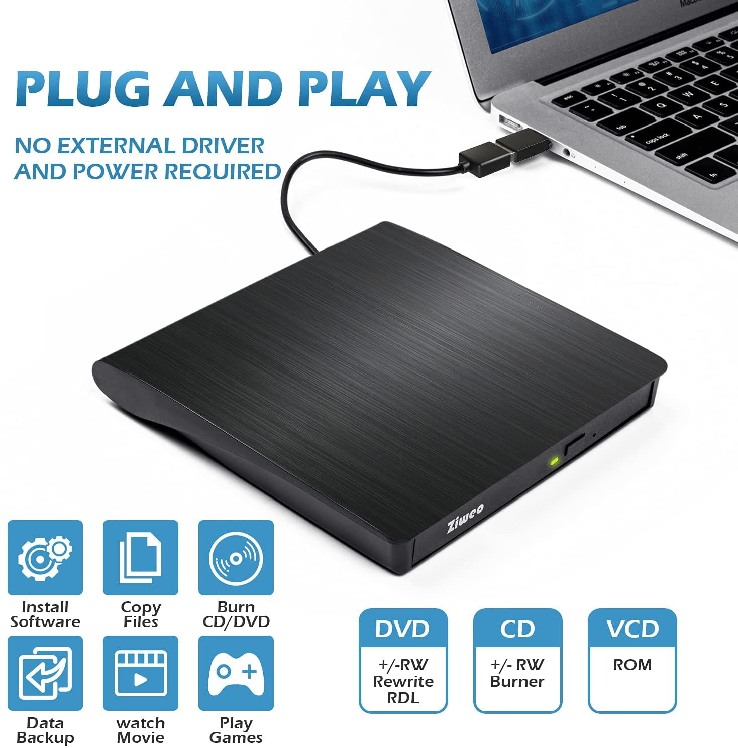 QJUHUNG External CD DVD Drive, USB 3.0 Type-C CD DVD +/-RW Optical ...