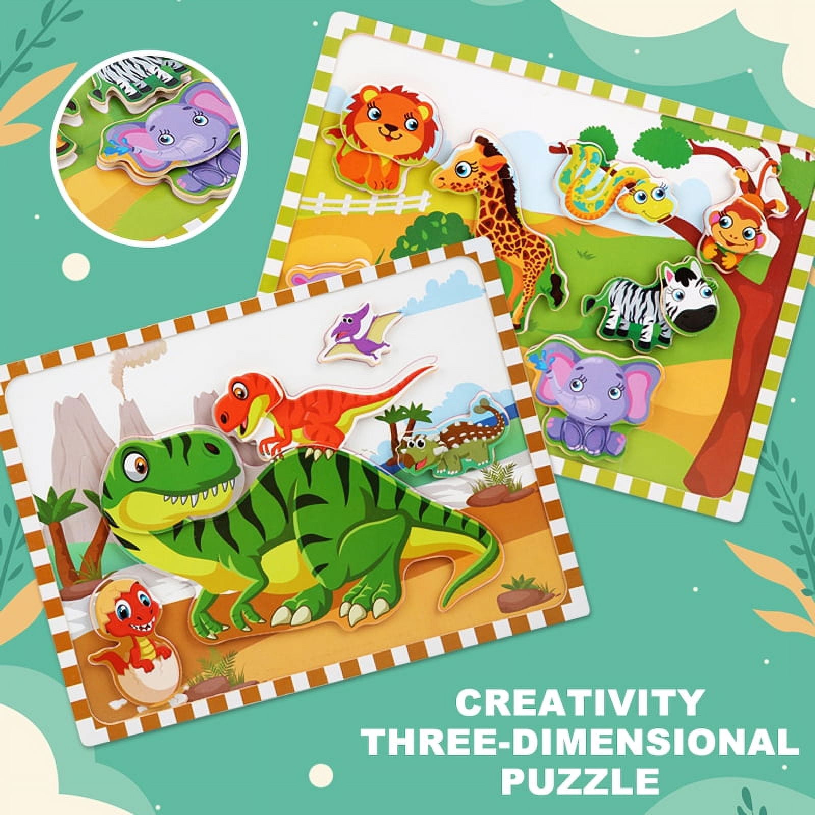 QJUHUNG Wooden Dinosaur Puzzles for Toddlers Preschool Kids, Vibrant ...